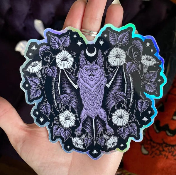 Holographic Moonflower and Purple Bat Sticker by Salem Artist Dana Glo
